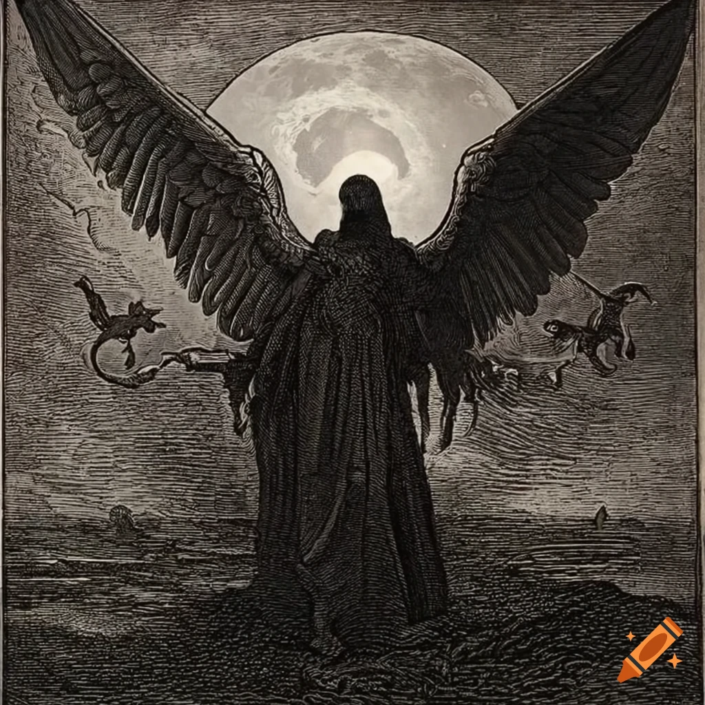 Gustave Dore etching of a dark angel, winged demons, and bats under a ...