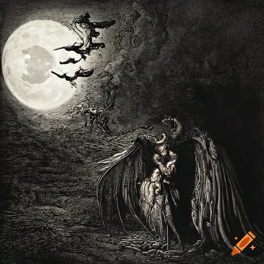 Gustave dore etching of a dark angel, winged demons, and bats under a ...