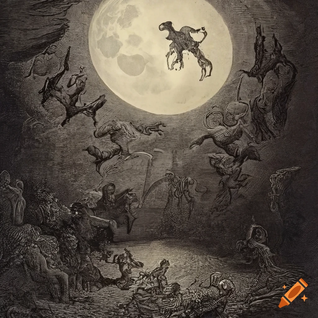Gustave Dore etching of a dark angel, winged demons, and bats under a ...