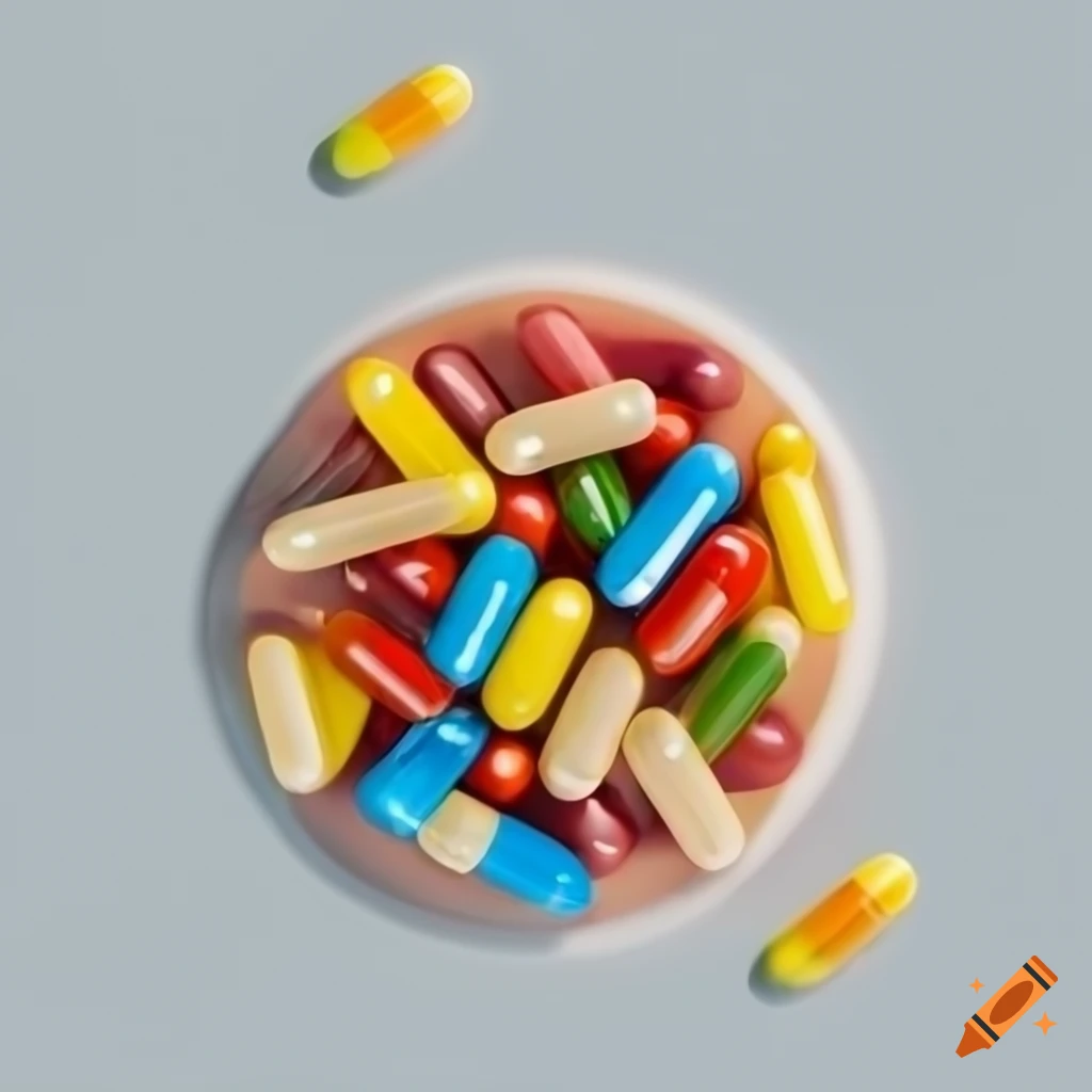 Colorful vitamins in capsules on a white background on Craiyon