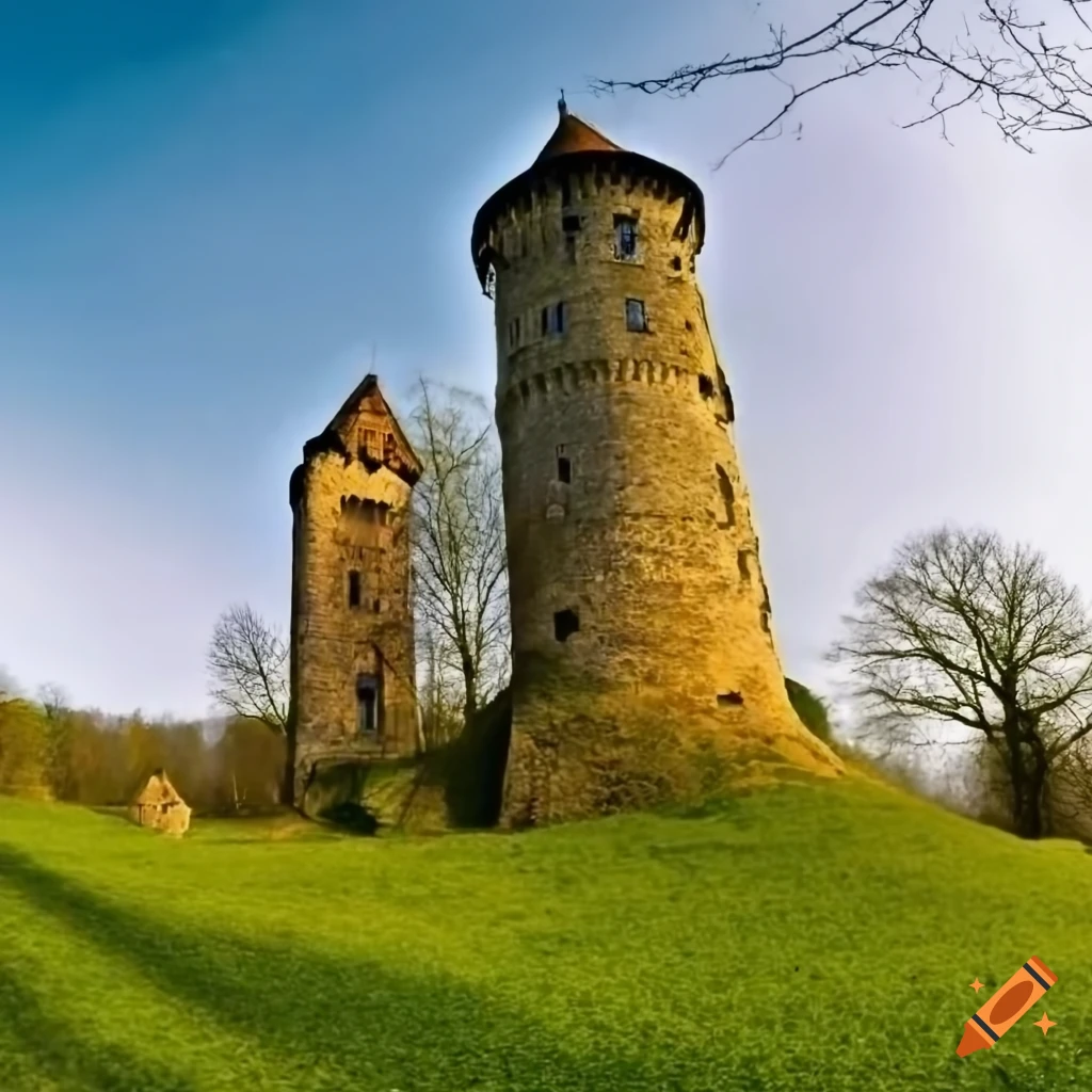 Medieval castle with tall towers and white stone, photographed with a ...
