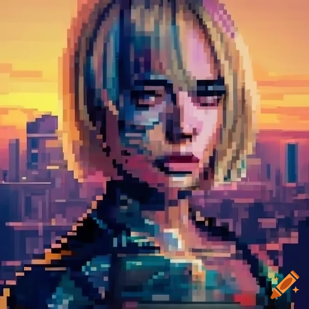 Pixel art portrait of a russian android cyborg girl on a cyberpunk ...