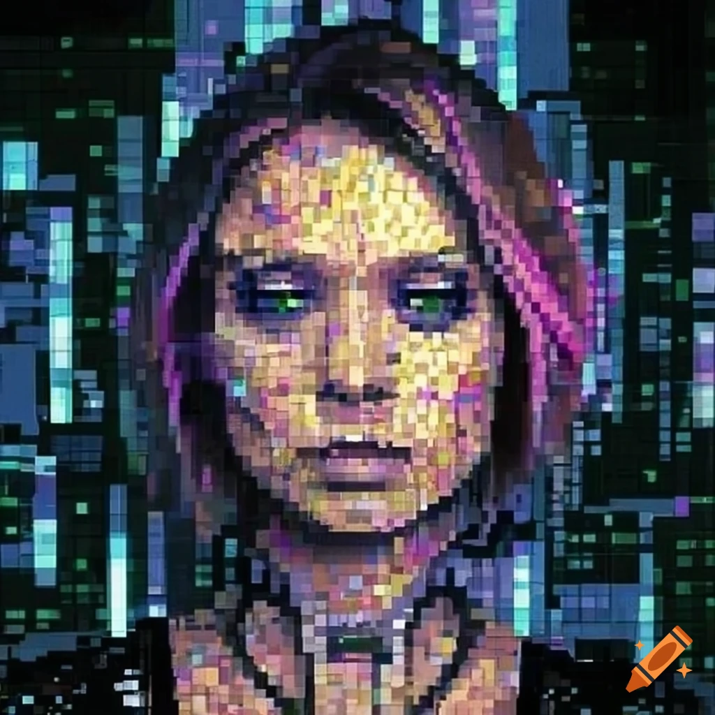 Pixelart ASCII mosaic portrait of a Russian android cyborg woman in a ...