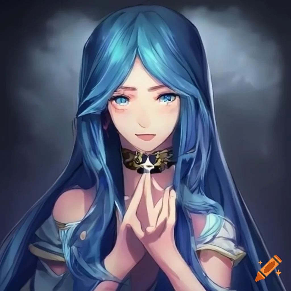 Anime female wizard with long blue hair on Craiyon
