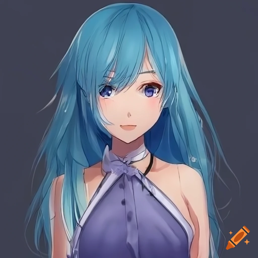 Anime girl with long flowing blue hair on Craiyon