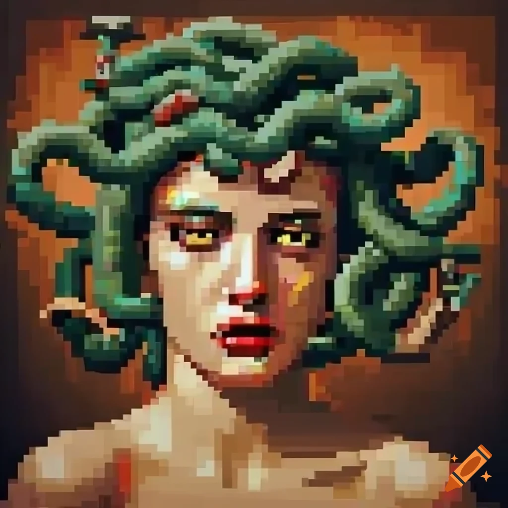 Pixel art portrait of medusa as la joconde with a greek building ...