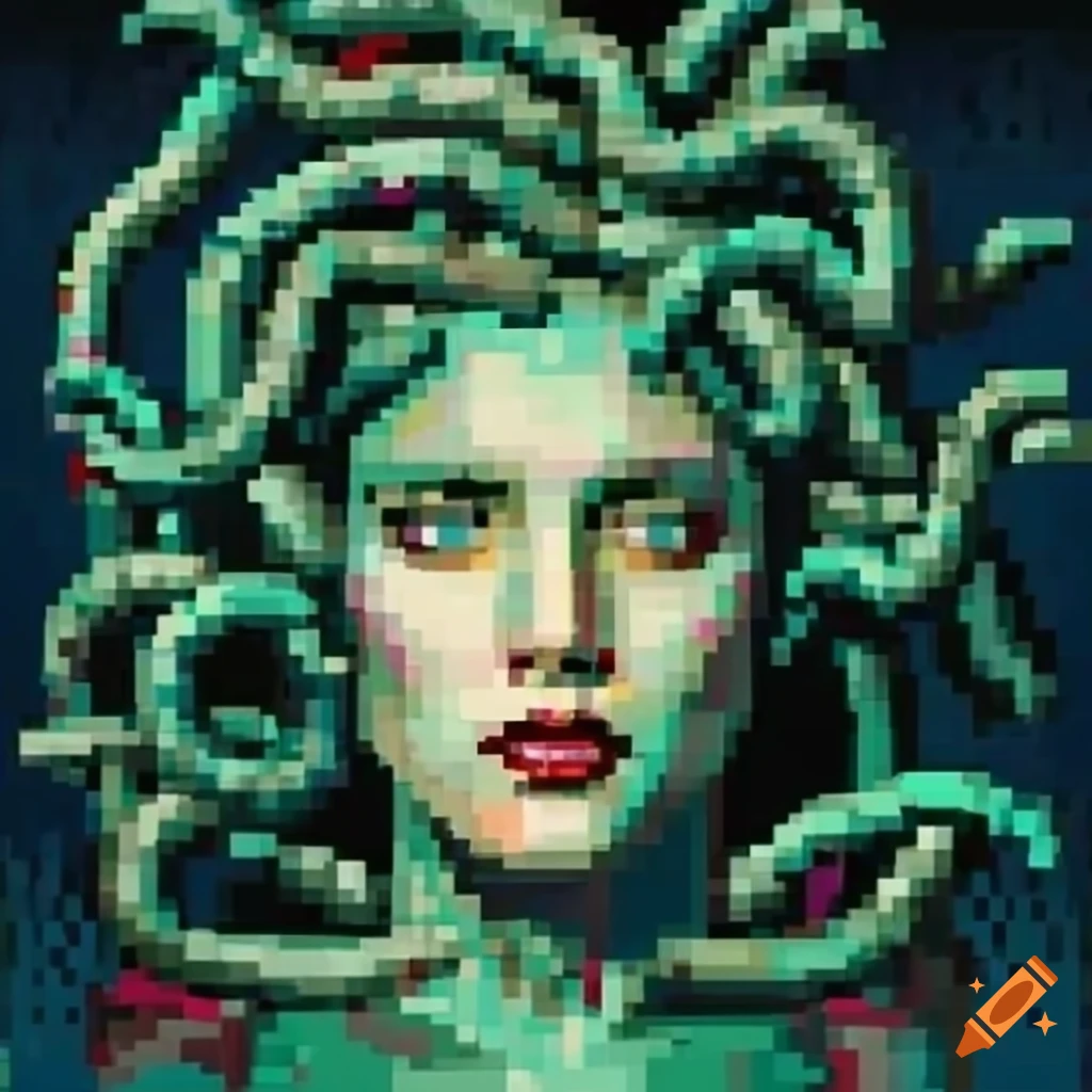 Pixel art portrait of medusa as la joconde with a greek building ...