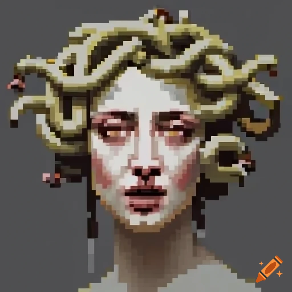 Pixelart bust portrait of medusa posing as la joconde with a seductive ...