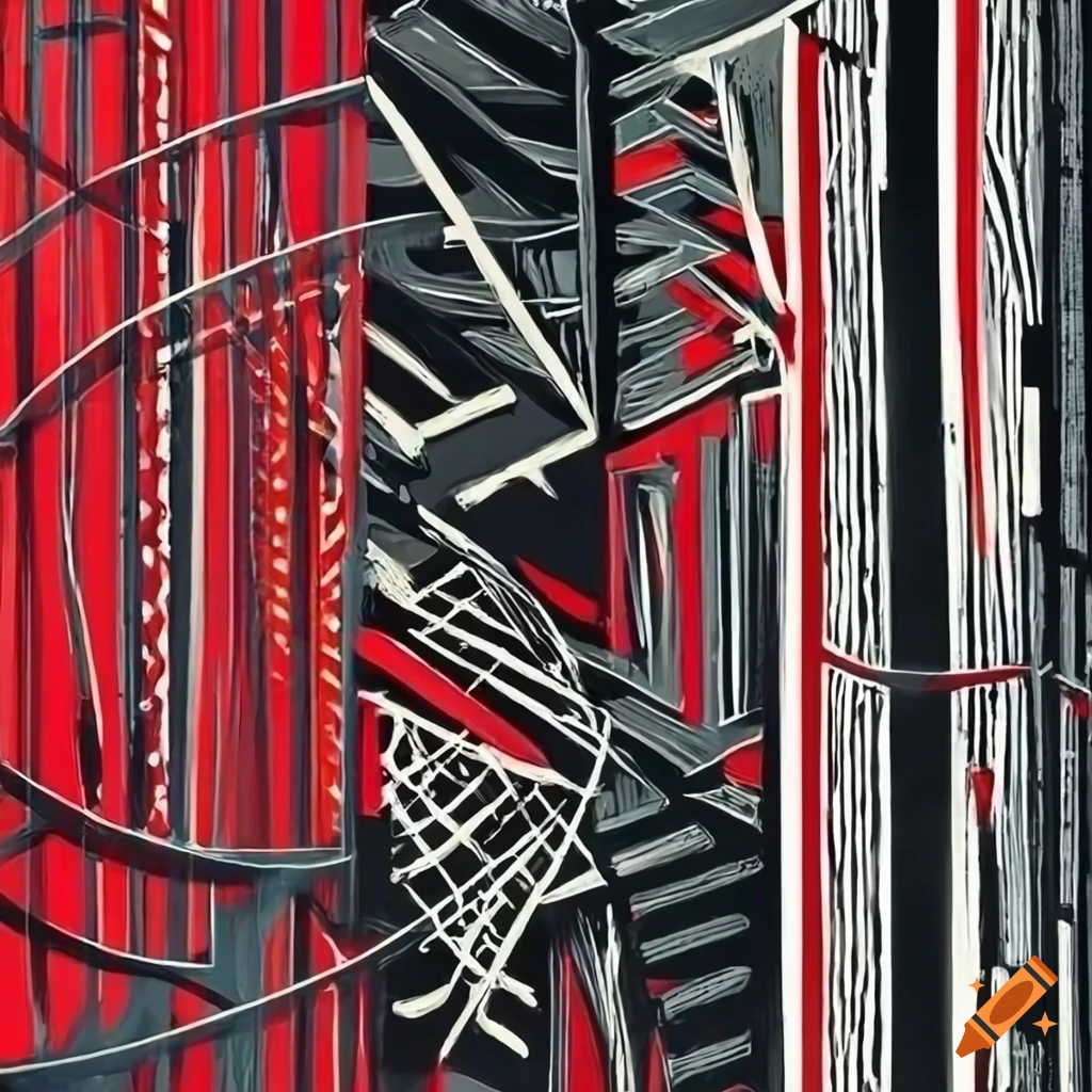 Abstract linocut art with complex lines, enigmatic letters, red and ...