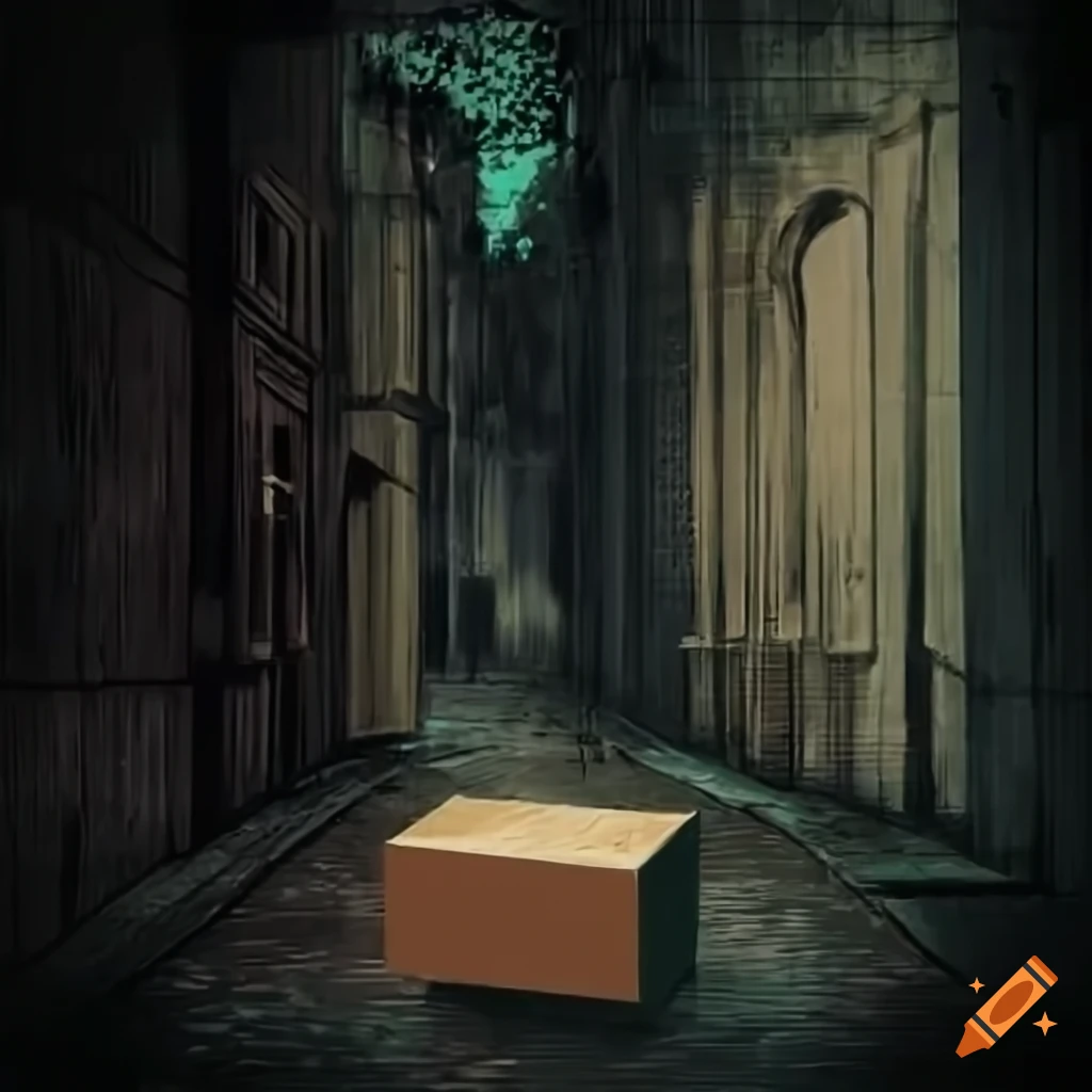 Pixelart closeup of a lonely cardboard box in a rainy alley with ...