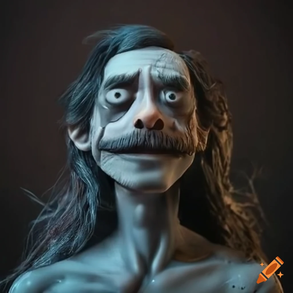 Tim Burton-inspired diorama of sad, tall, skinny man with dark long ...