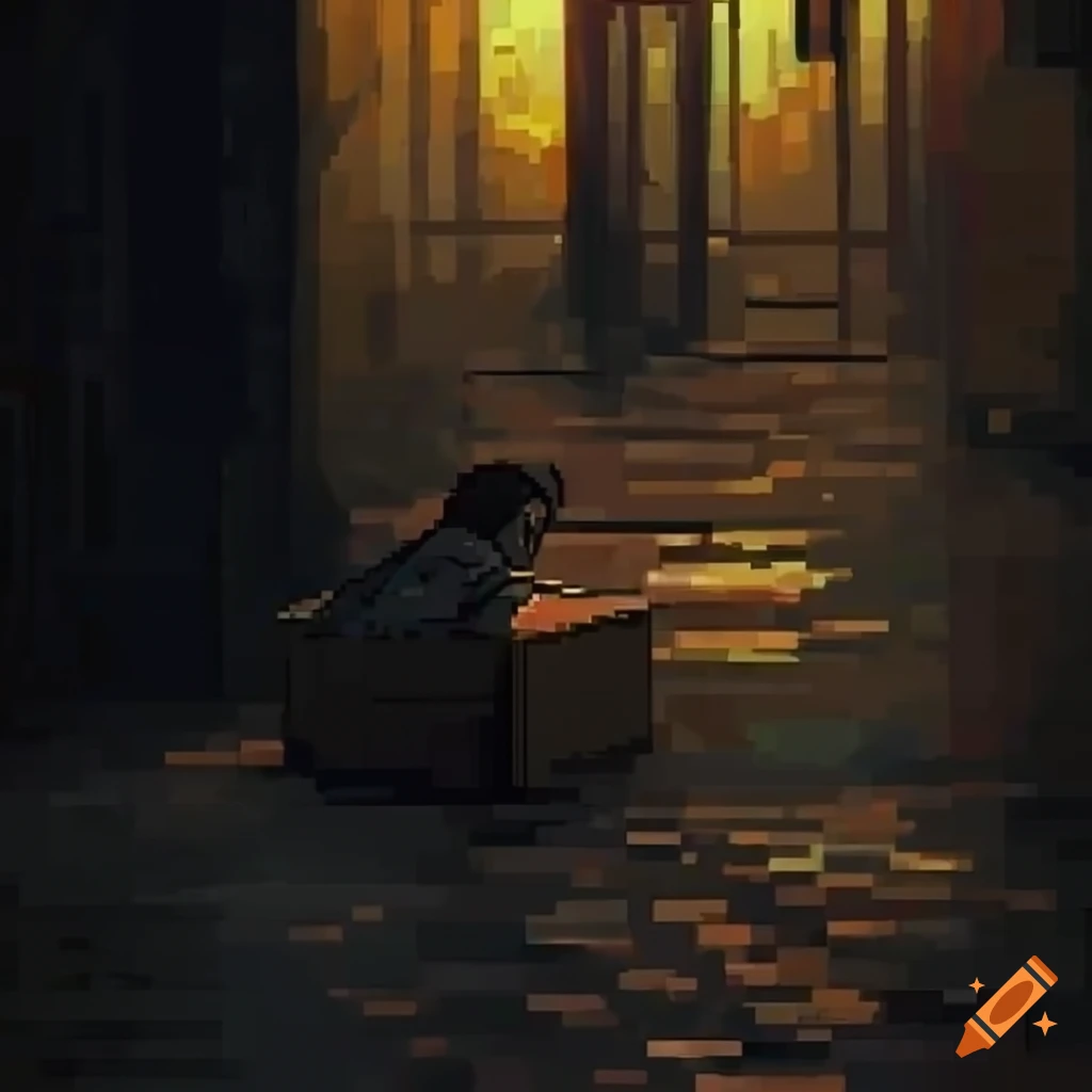 Closeup pixel art portrait of a lonely cardboard box in a rainy alley ...