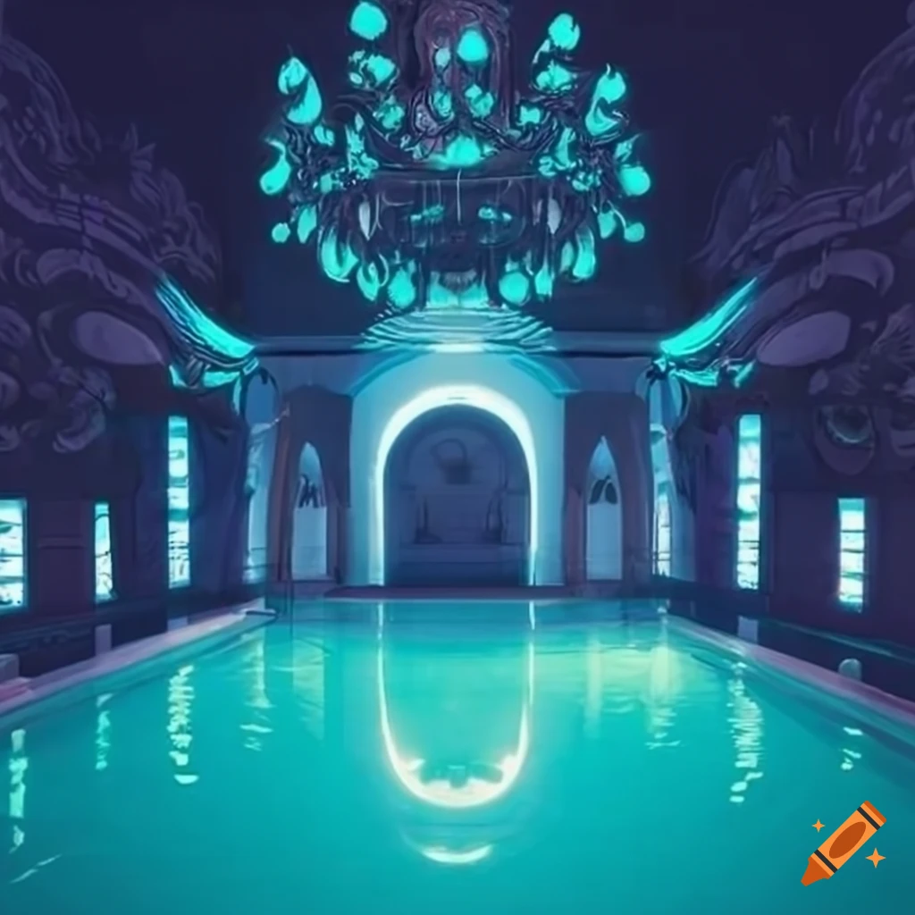 Empty neon white rococo vaporwave pool room on Craiyon