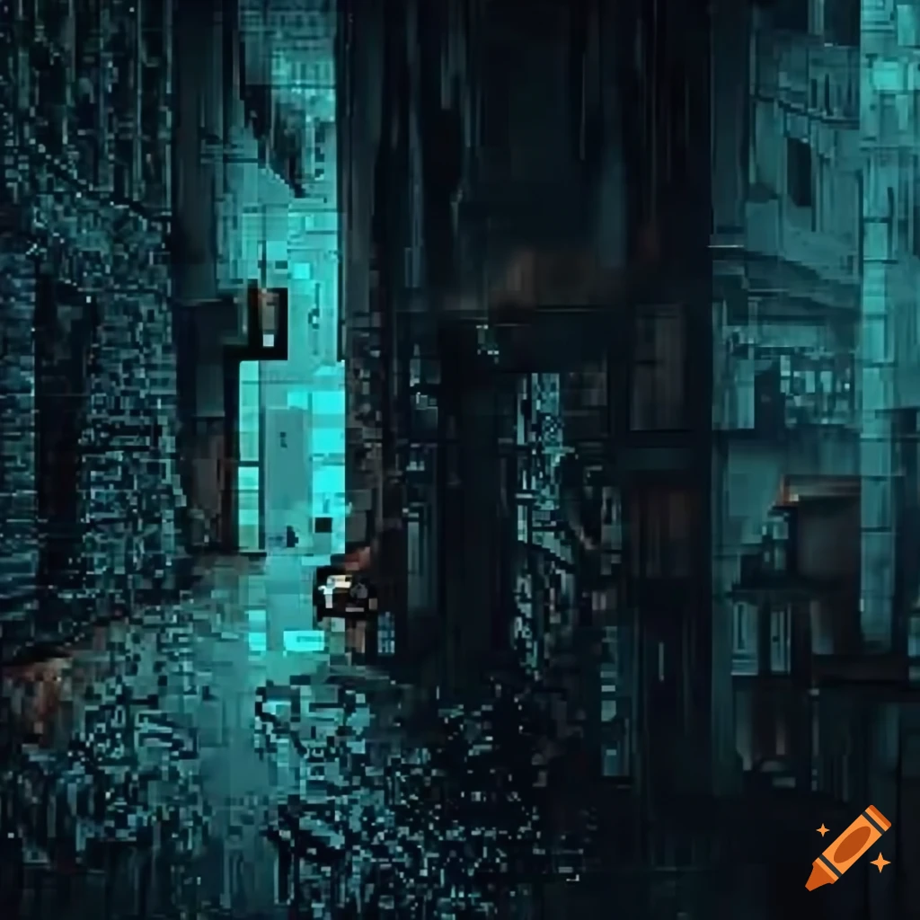 Pixel art closeup portrait of a lonely cardboard box in a rainy alley ...