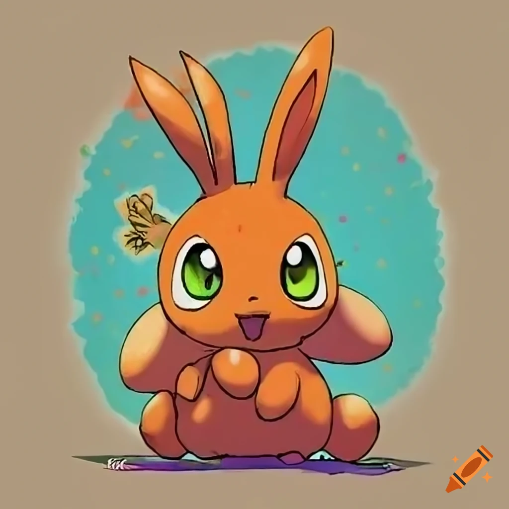 Orange rabbit pokemon with large green eyes on Craiyon