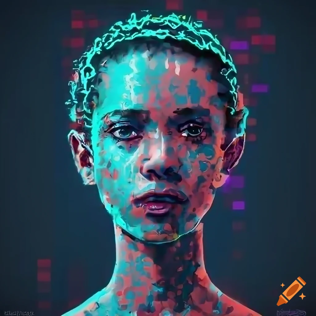 Detailed binary barcode portrait of an anime character in vibrant ...