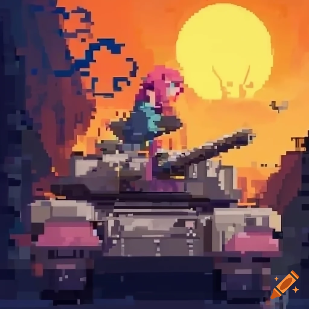 Girl on a war tank in detailed pixel art style on Craiyon