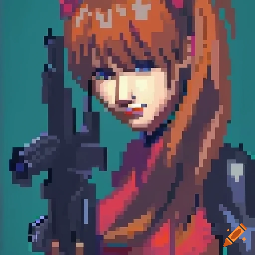 Pixelart oil painting portrait of secret agent spy aiming with a gun in ...