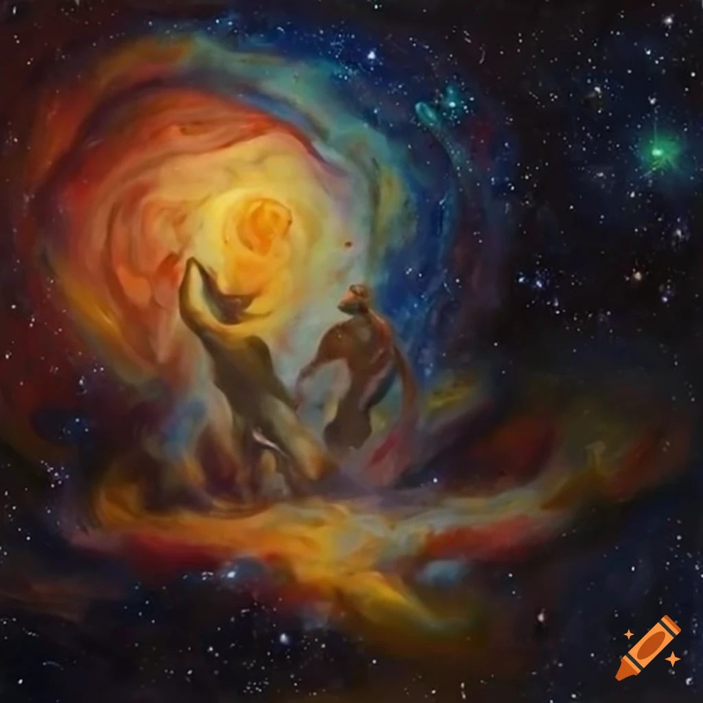 God-like figure creating stars and galaxies with grains on canvas on ...