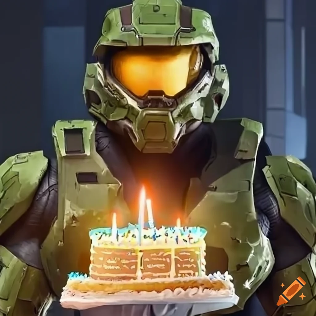 Master chief with a birthday cake celebrating 20 years of halo 2 on Craiyon
