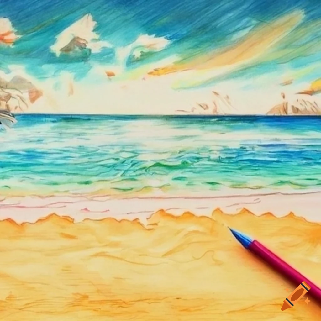 Beach drawing made with colored pencils on Craiyon