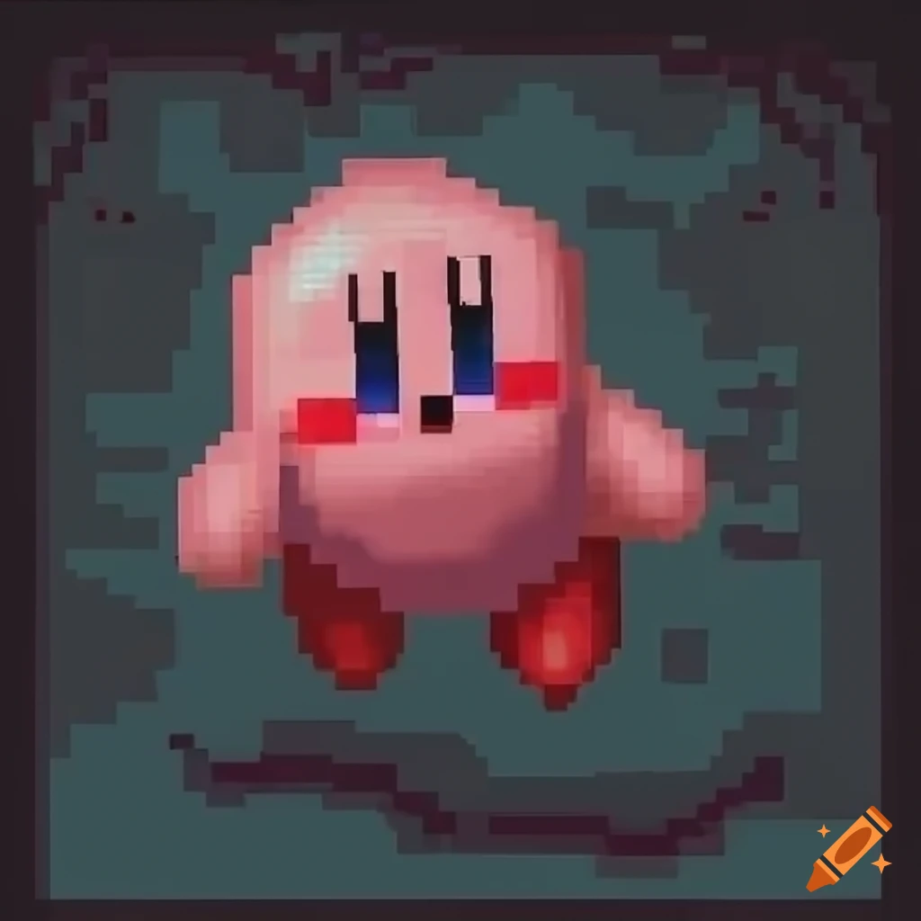 8-bit Kirby character in an indie horror game looking scared on Craiyon