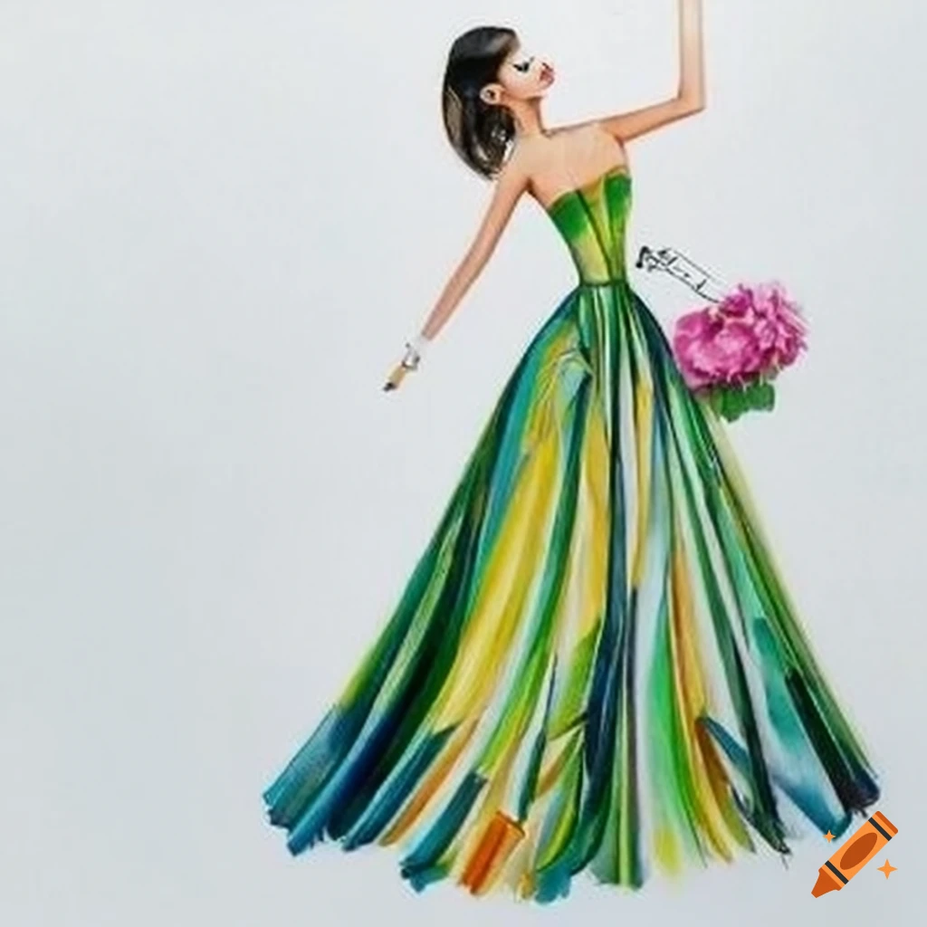 Couture fashion sketches drawn with colored pencils on Craiyon