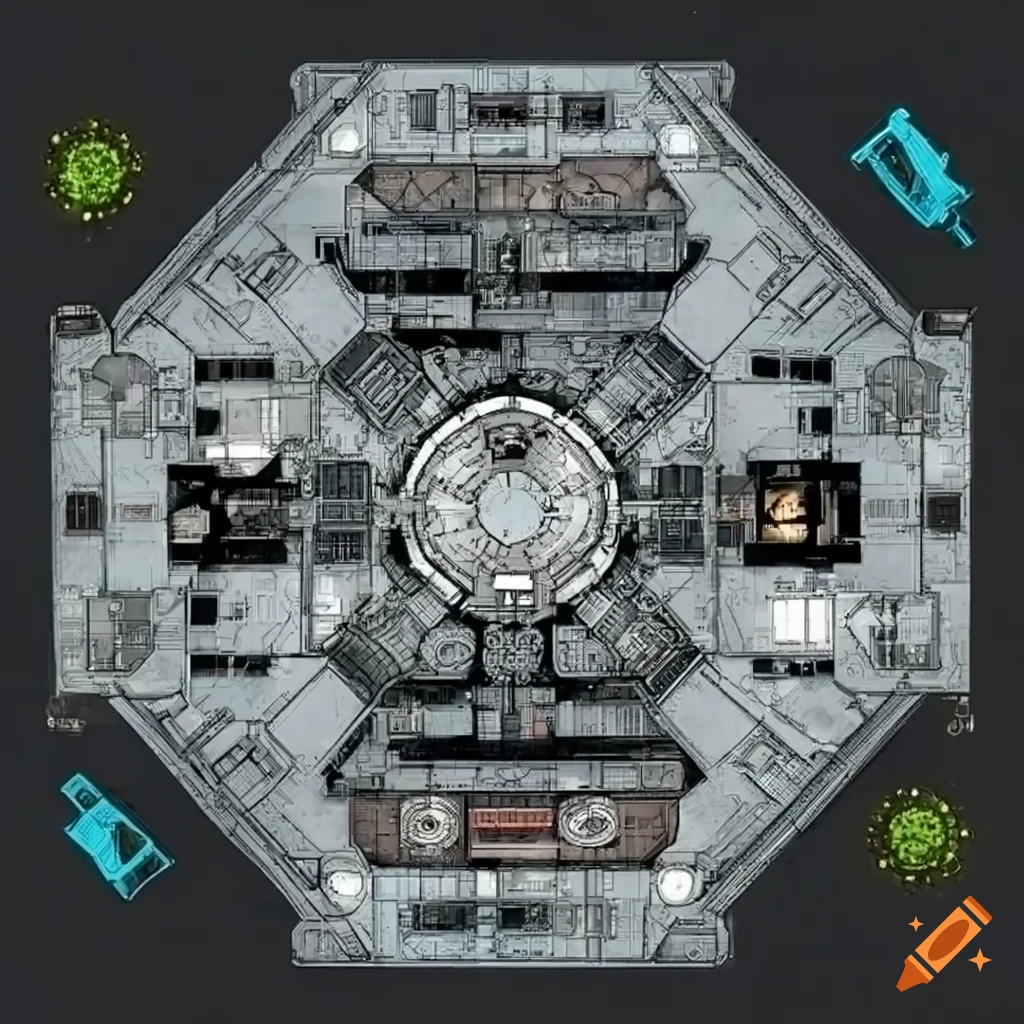 Intricate floor plan of a futuristic space station on Craiyon
