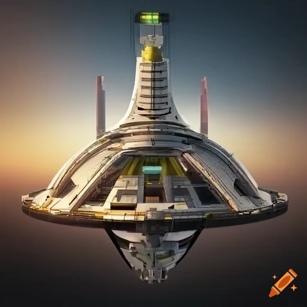 Futuristic complex multi-level space station design on Craiyon