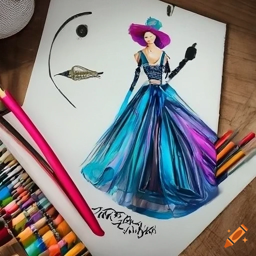 Couture fashion sketches drawn with colored pencils on Craiyon