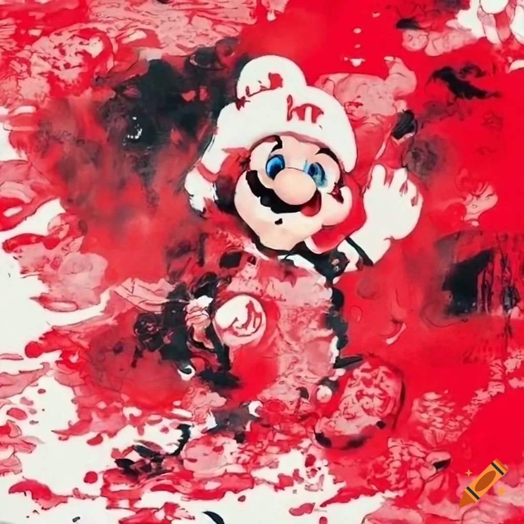 Japanese ink painting of Super Mario Bros Wonder in blues, purples, and ...