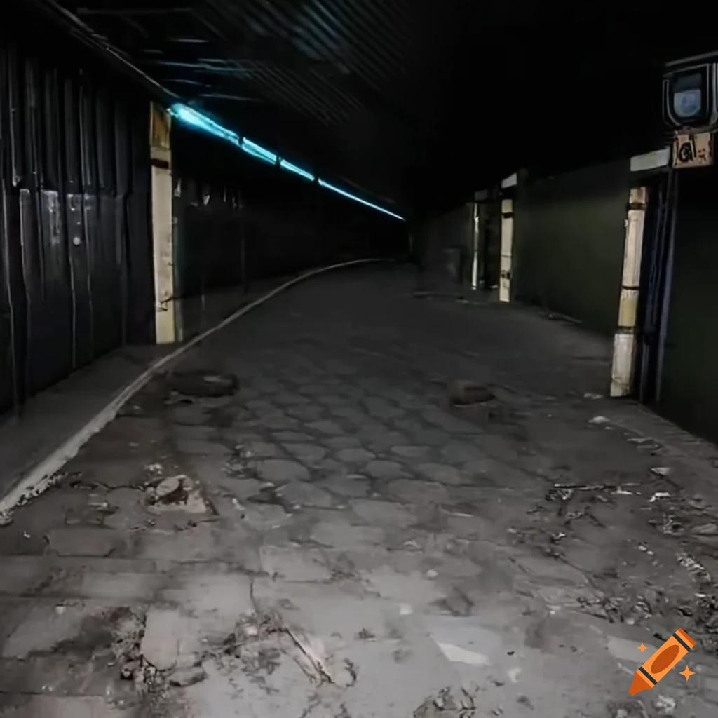 Abandoned subway station with lights on from police camera's ...