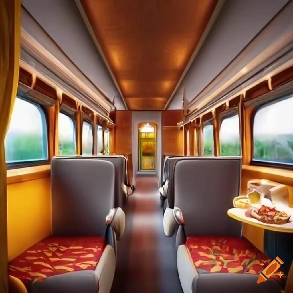 Interior of a train with Nordic decorations and delicious foods on Craiyon
