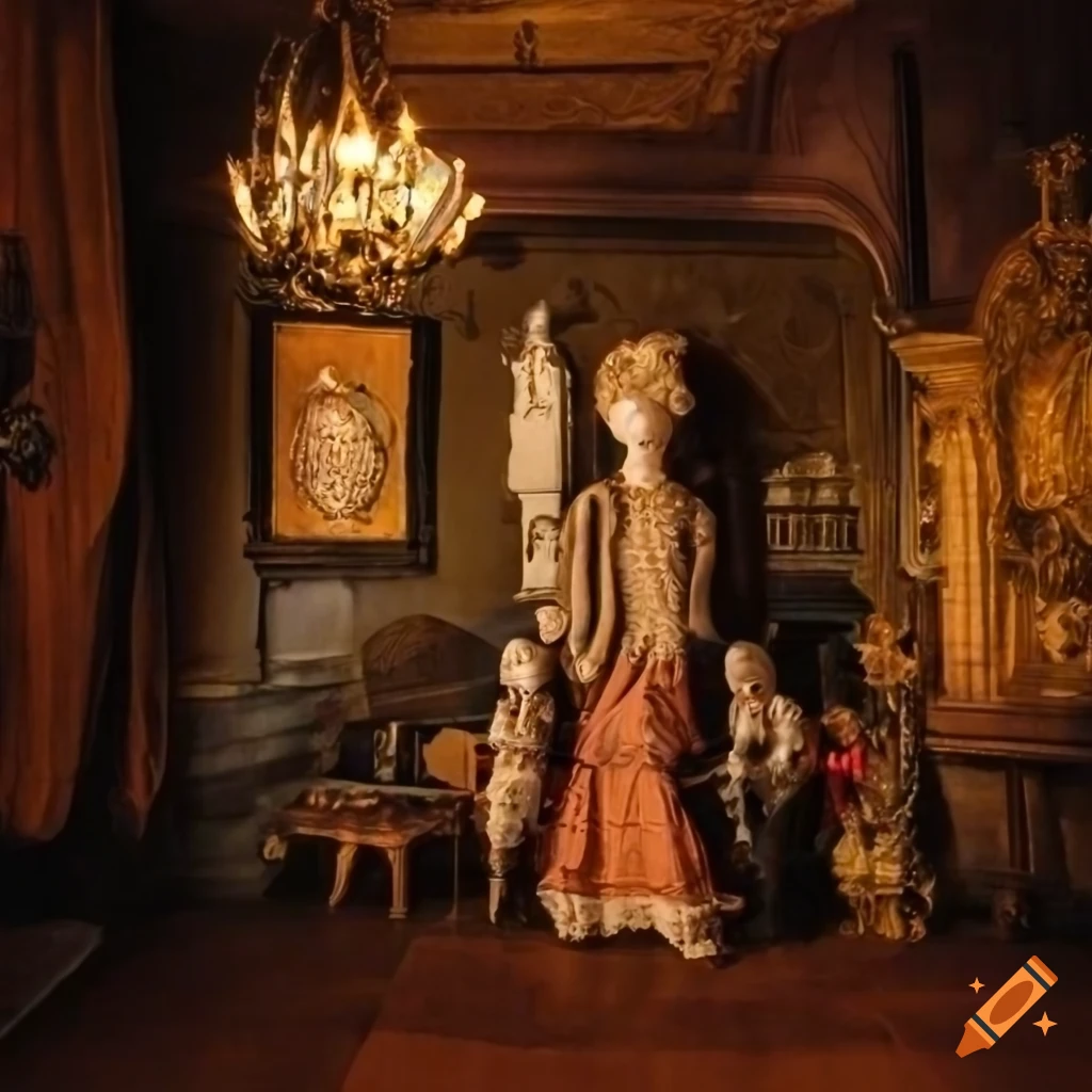 17th century french dolls in a dimly lit tower room on Craiyon