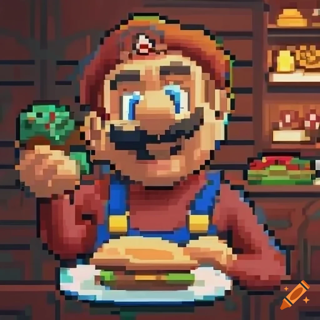 Pixel art oil painting of Super Mario laughing and preparing a ...