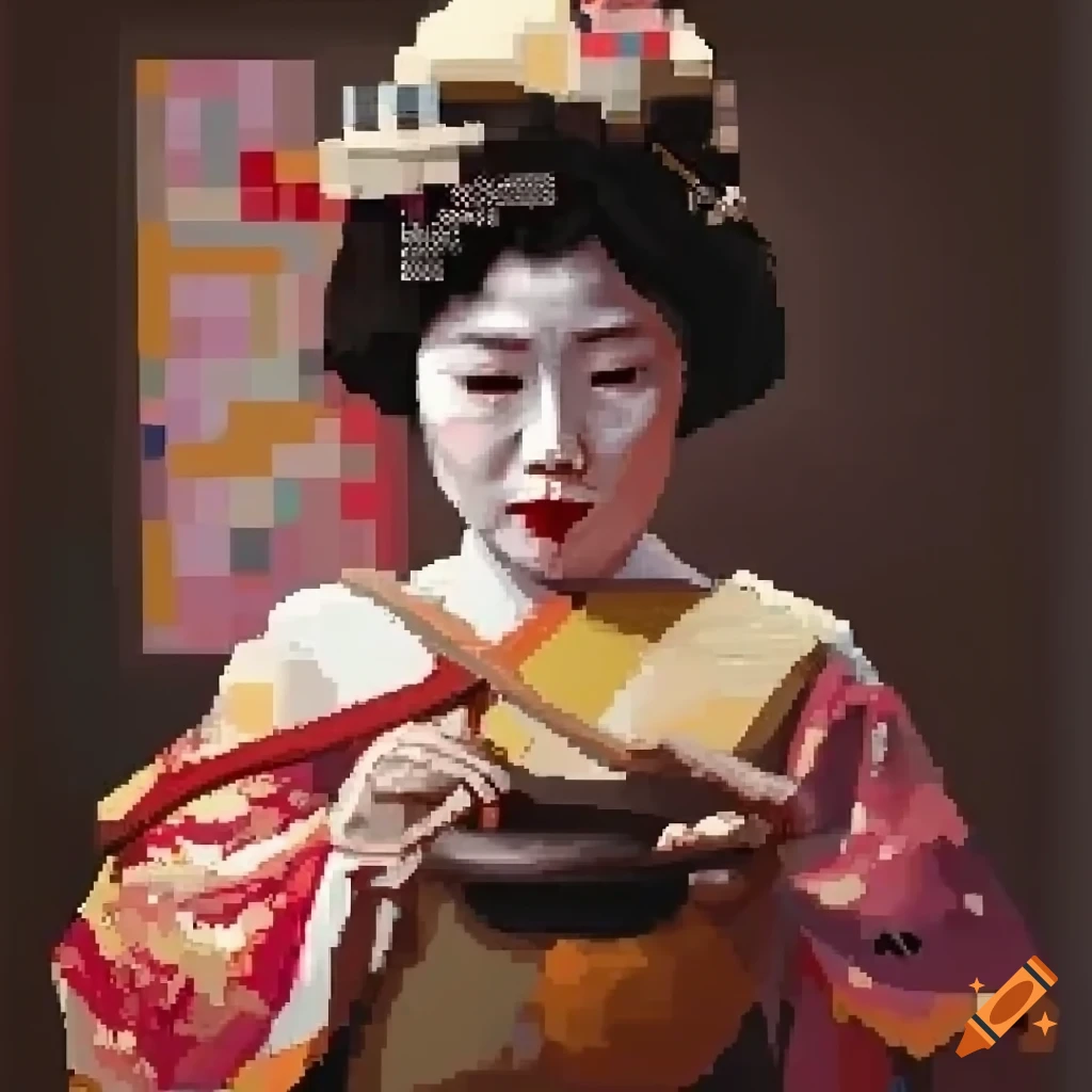 Geisha painting preparing a banana in high-quality pixel art on Craiyon