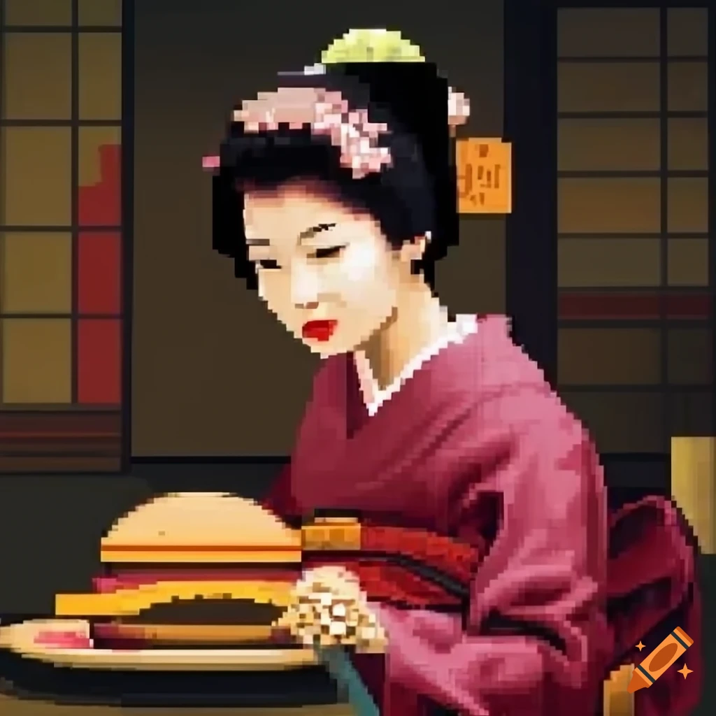 Pixel art oil painting of a geisha preparing a hamburger in a japanese ...