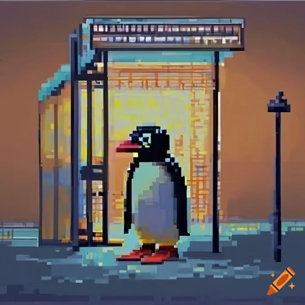 Pixel art oil painting of Pingu the Penguin at a bus stop on Craiyon