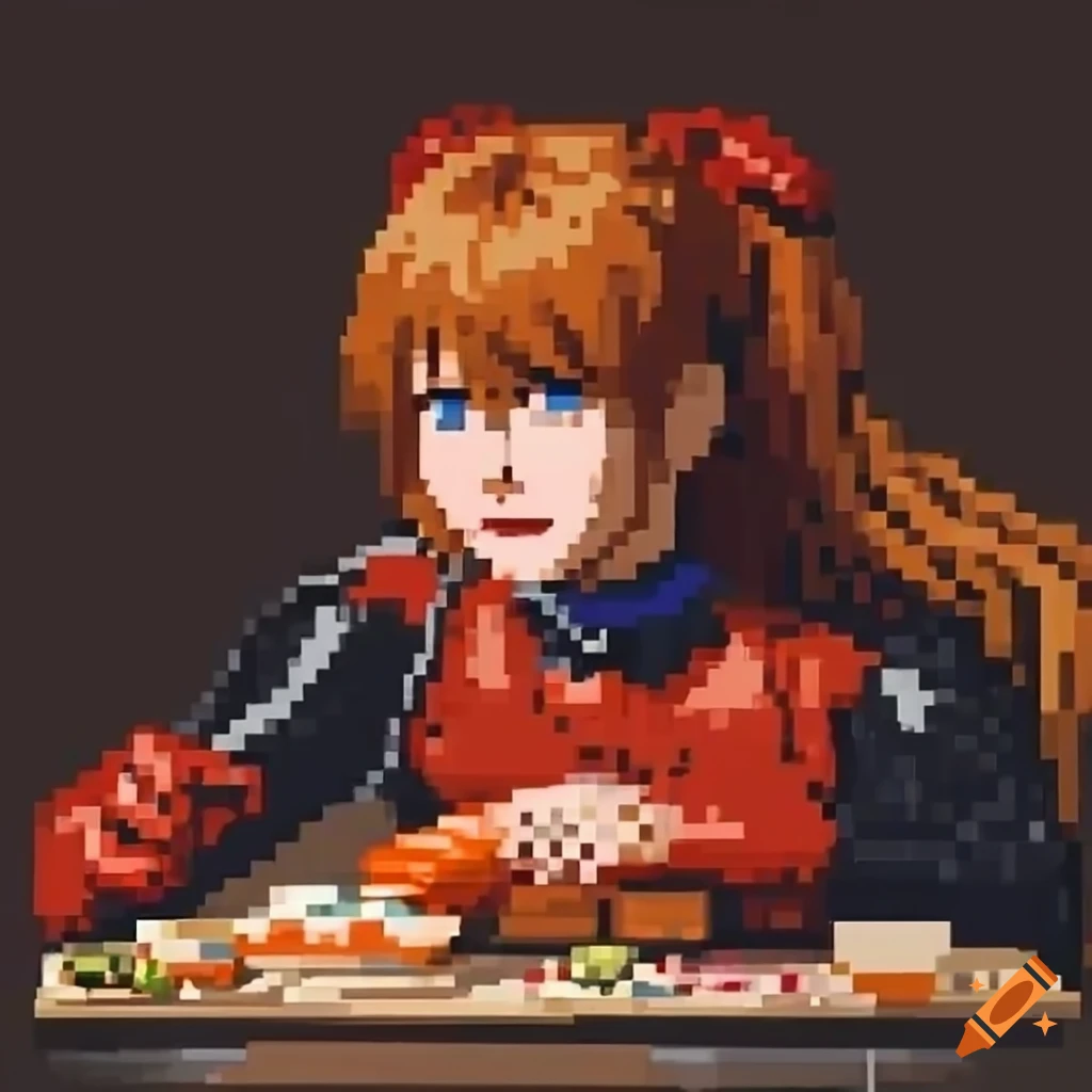 Pixel art oil painting portrait of asuka langley making sushi in ...