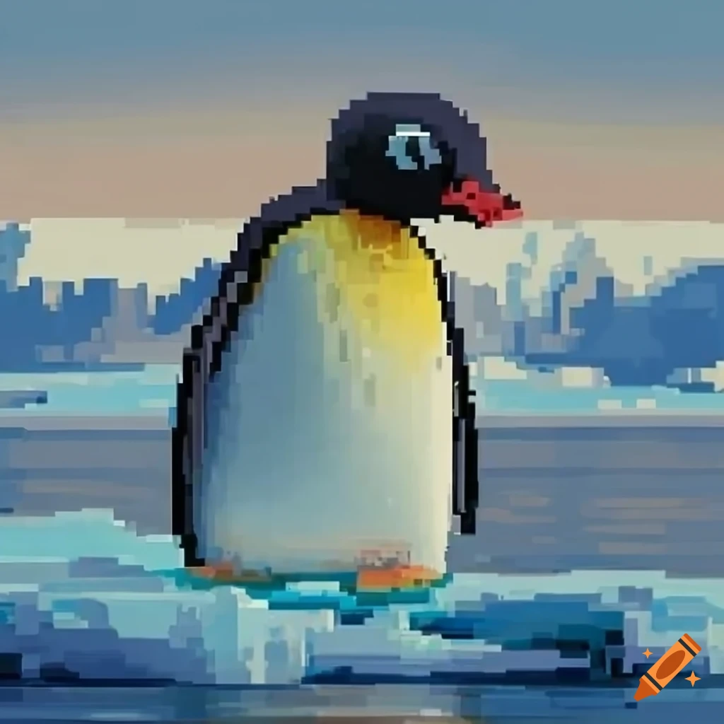 Pixelart oil painting of pingu the penguin making a hamburger on sea ...