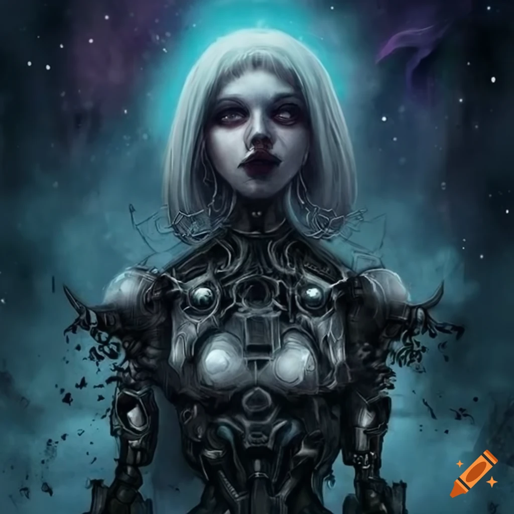 Detailed gothic artwork of a friendly mechanical hero in cyberspace on ...