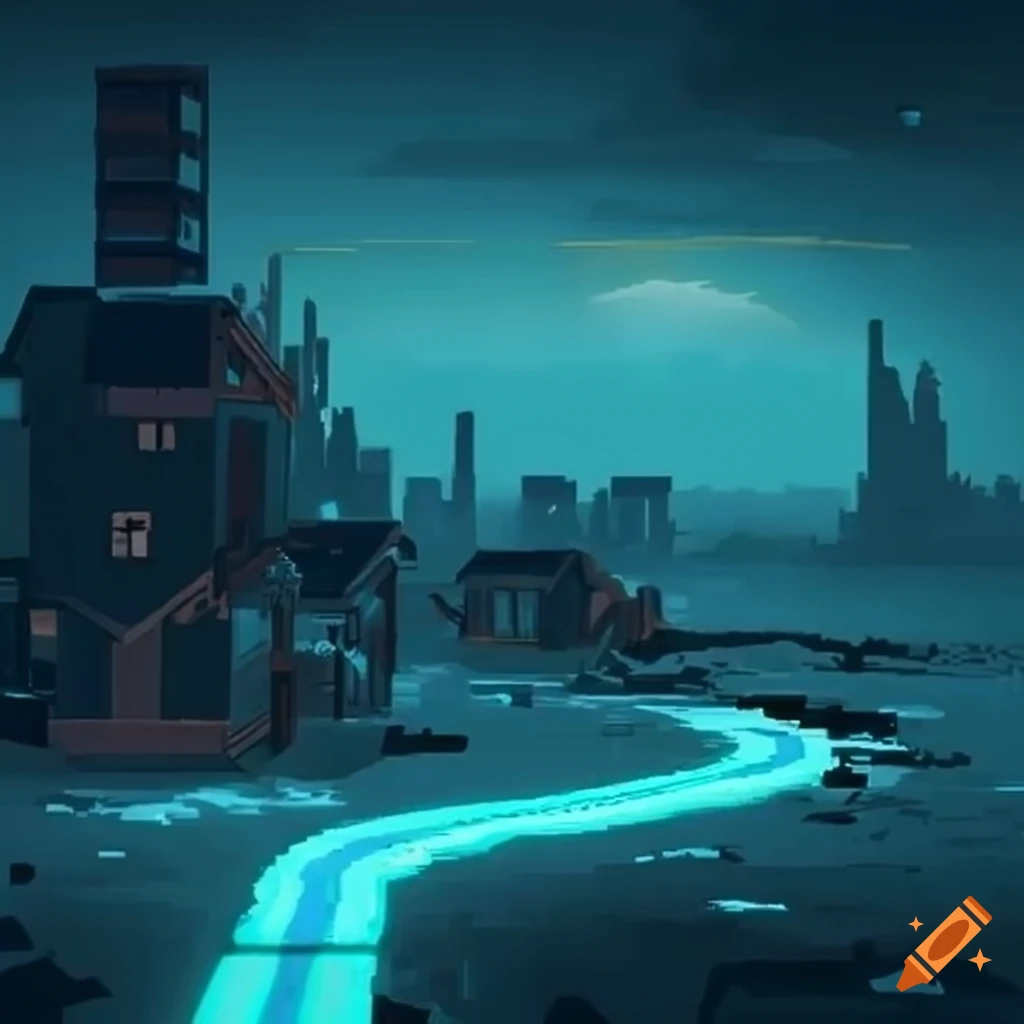 Long road in wasteland with futuristic 8-bit Tron-like houses on Craiyon