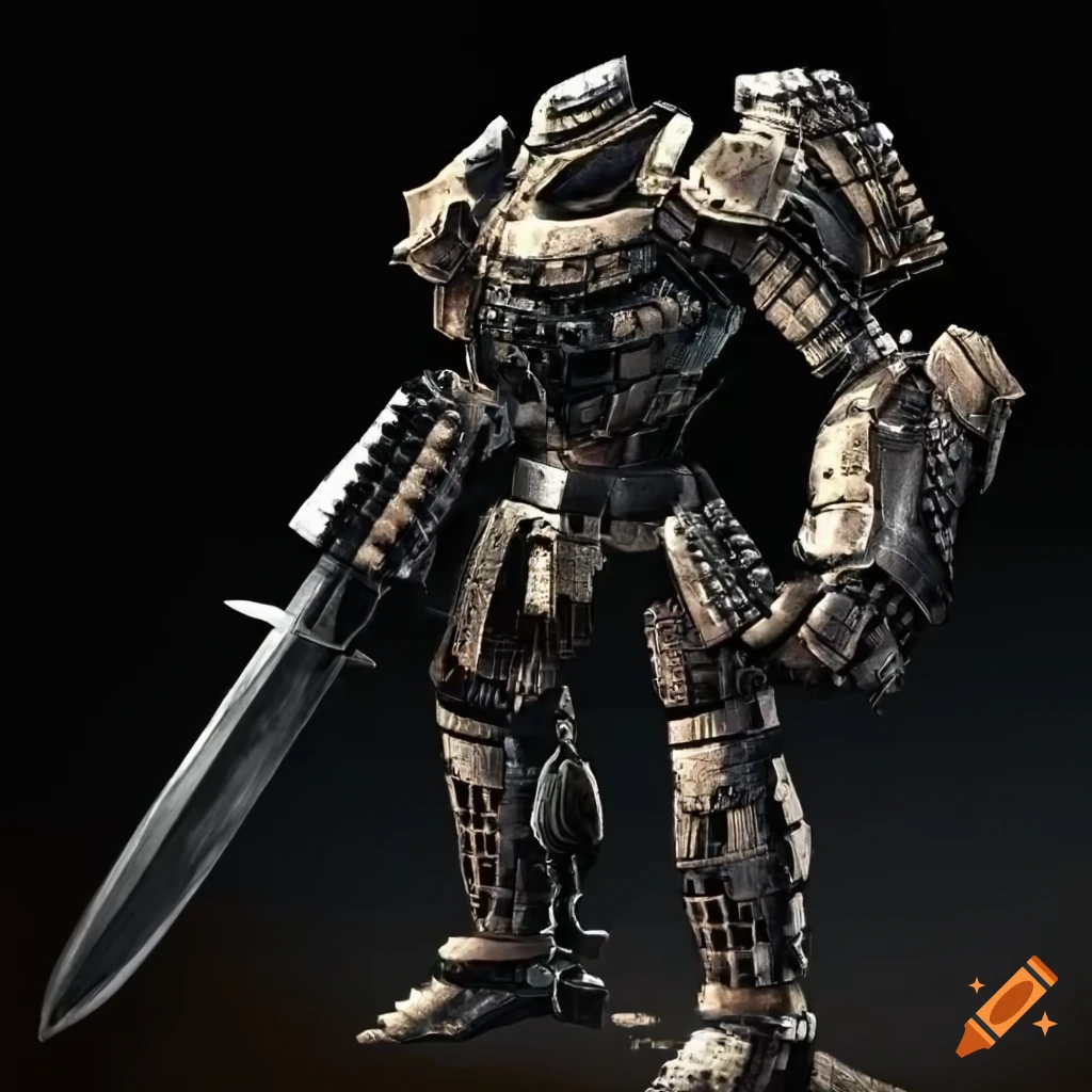 Armored core with samurai armor texture holding a big sword on Craiyon