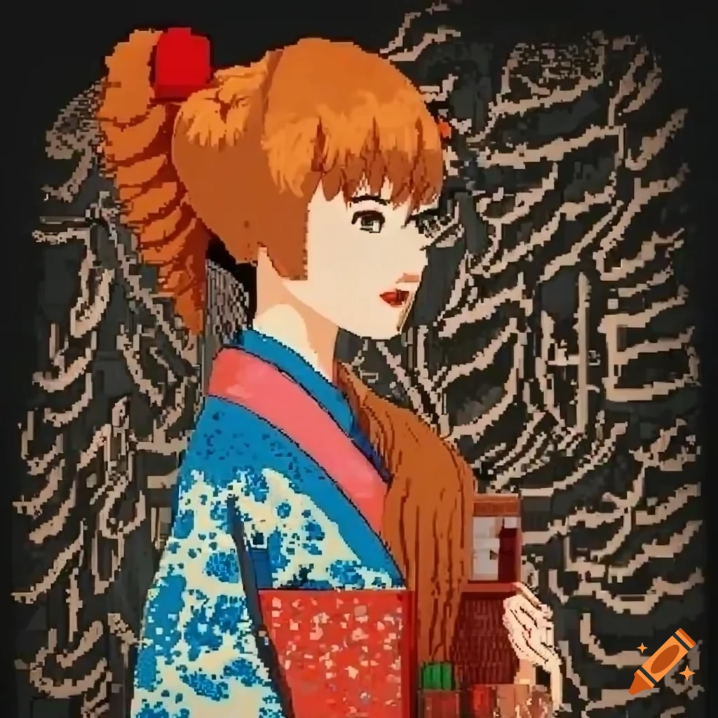 Grumpy asuka langley in a stunning hokusai ukiyo-e style pixel art on Craiyon