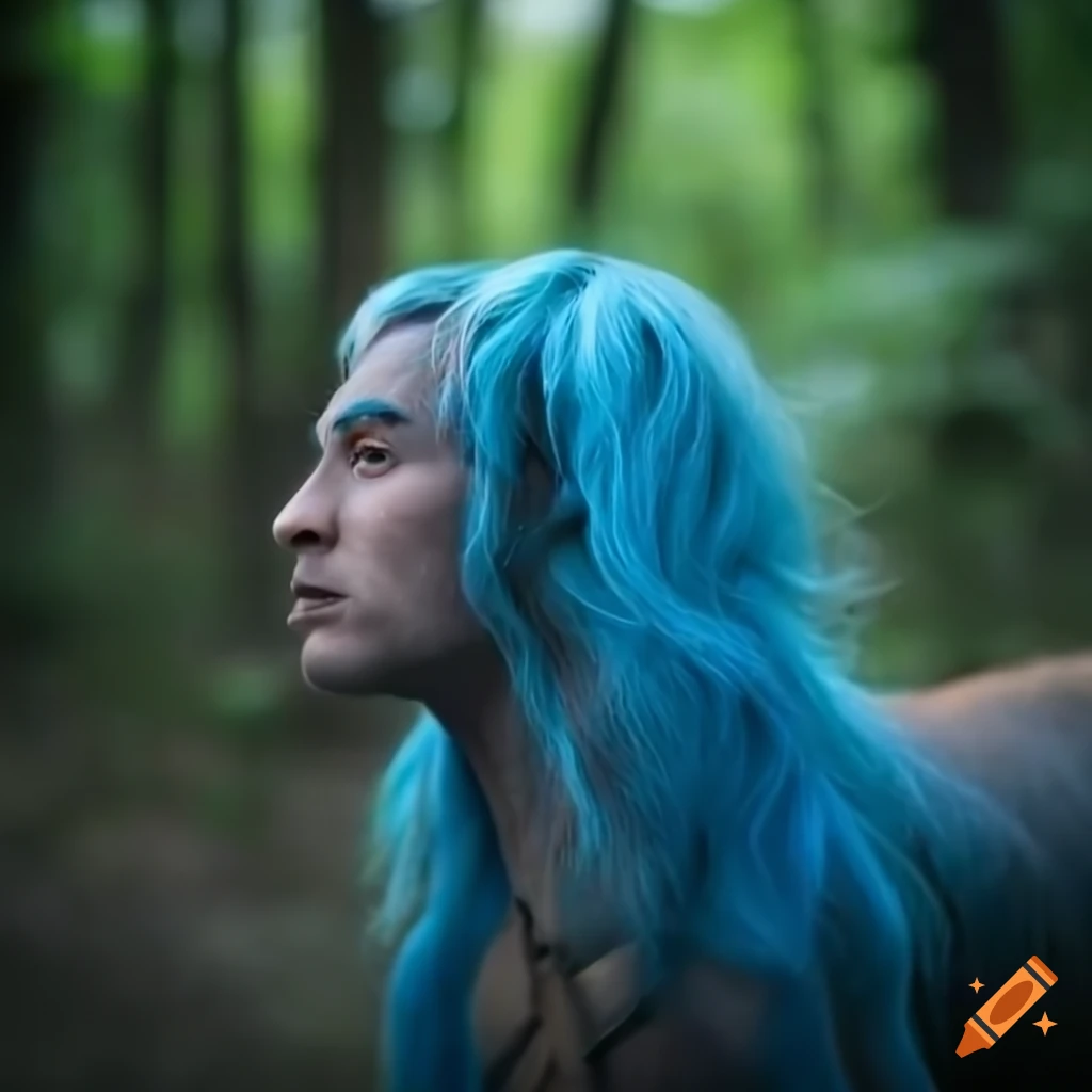 Centaur king with blue hair in a forest setting on Craiyon