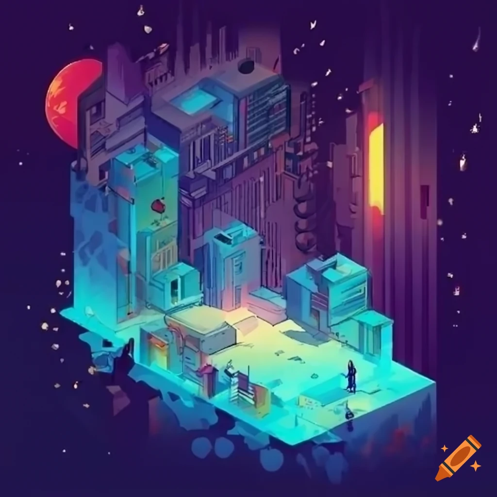 Isometric lunarpunk setting with advancing sunrise on Craiyon