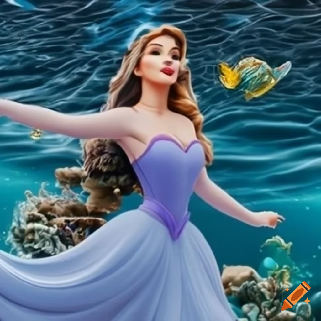 Disney princess posing elegantly by the ocean in intricate art style on ...