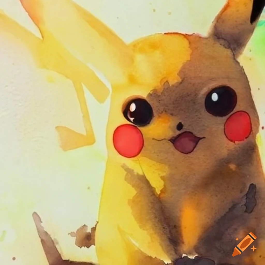 Wide angle wet-on-dry watercolor pikachu on Craiyon