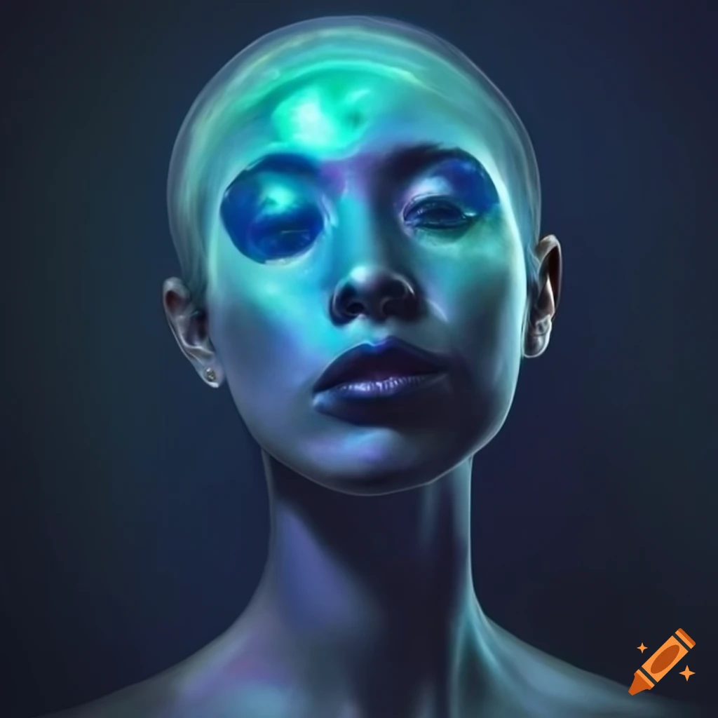 Hyperrealistic pre-raphaelite woman in steel grey and navy blue ...