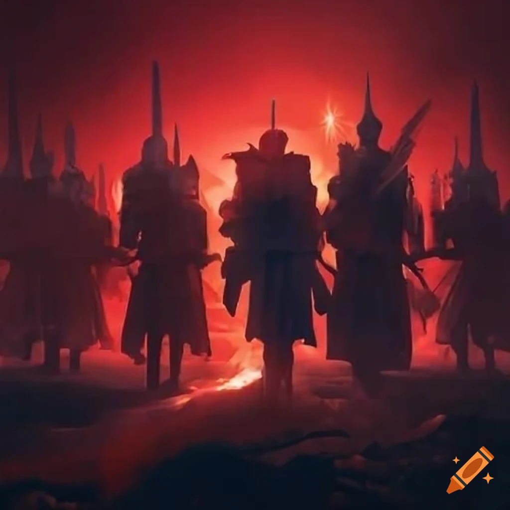 Army of knights illuminated by red fire glow on Craiyon